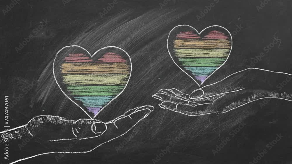 Male and female palms with rainbow hearts. LGBT, LGBTQIA rights and ...