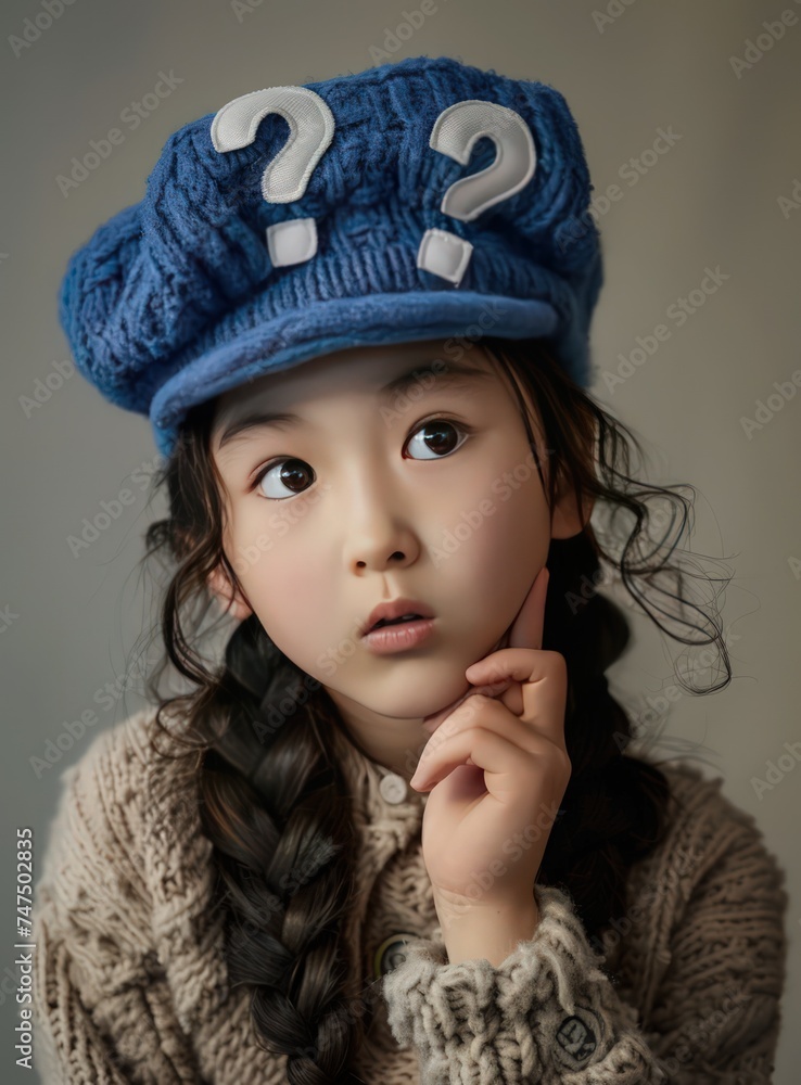 an asian girl in blue cap and hat with question marks, light gray and ...