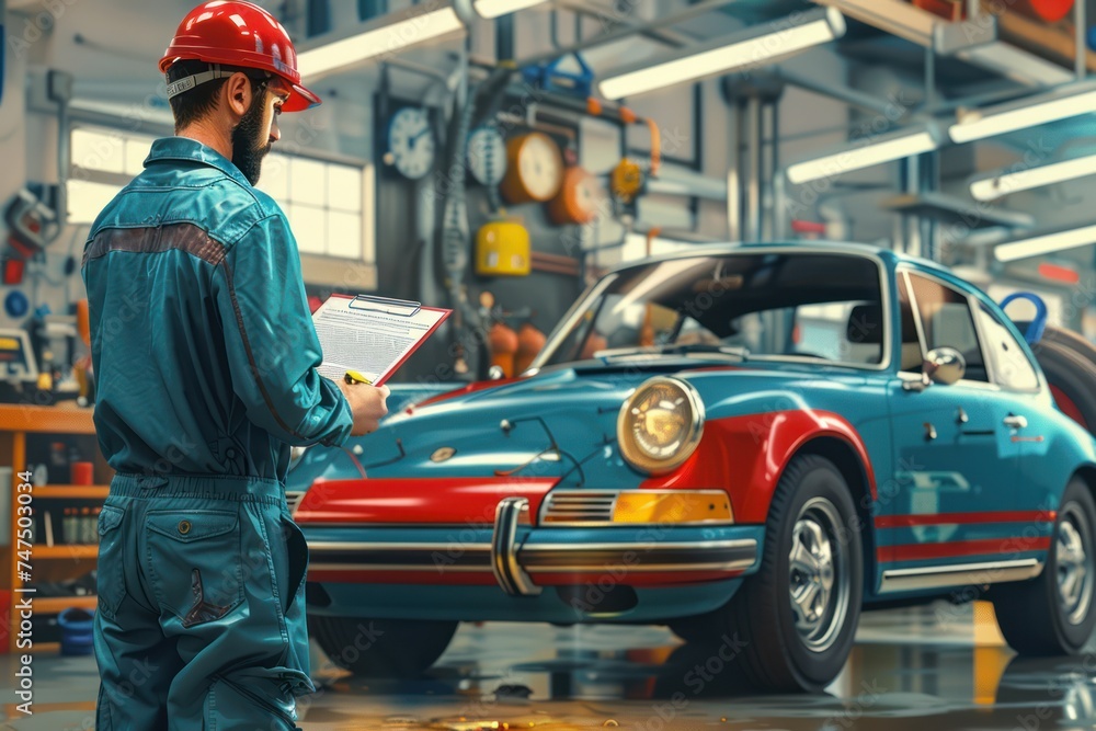 Auto check, car service shop concept. Automobile repairman writing job ...