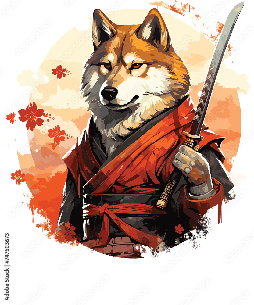 Japanese samurai dog in cute kawaii anime style with ninja sword and ...