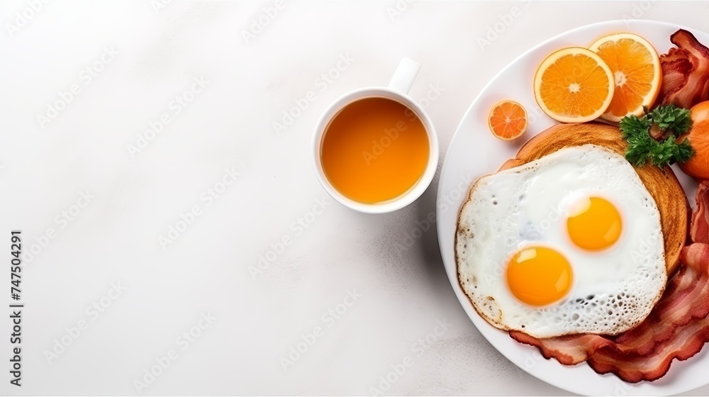 Full American Breakfast on white, top view, copy space. Sunny side ...