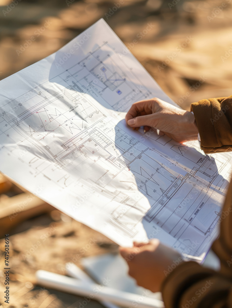Hands Holding Blueprints in Golden Light - This image depicts hands ...