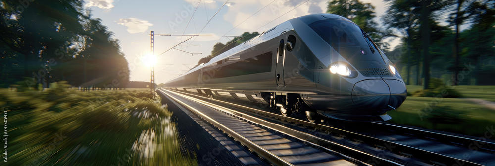 Modern high-speed train at sunset - A modern high-speed train moves ...