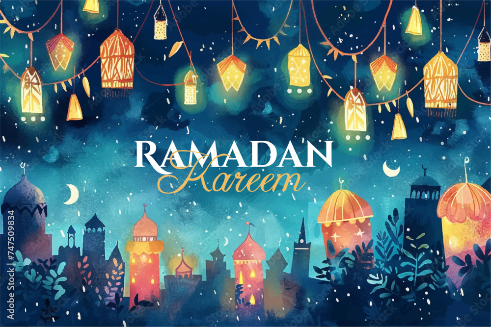 Ramadan Kareem greeting card or banner vector illustration of lantern ...