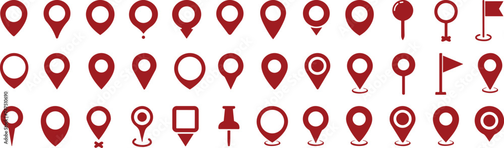 Vetor do Stock: Red Location map pin icons set. Modern map marker collection. Pinpoint. Location ...