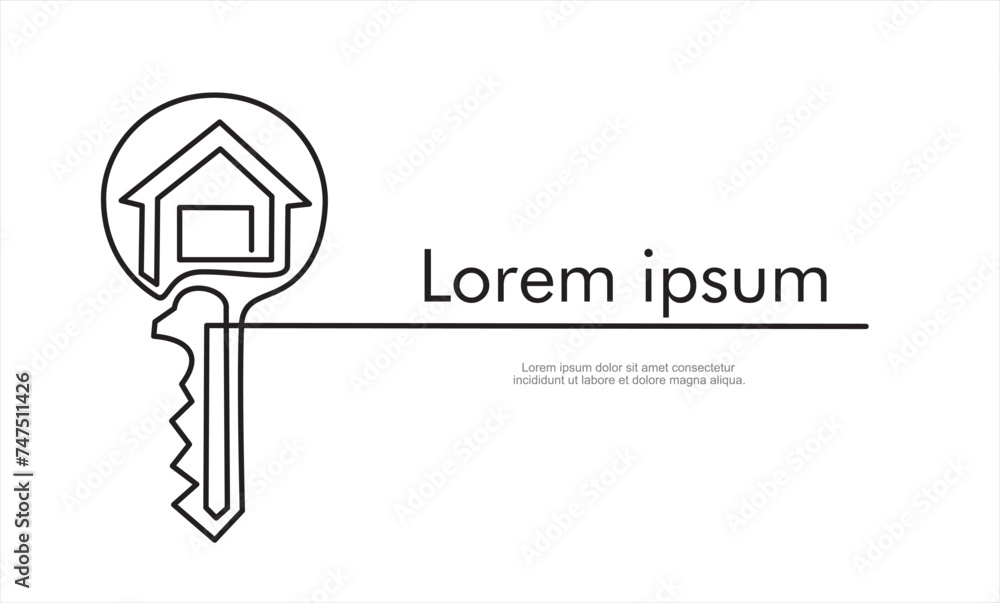 Single continuous line drawing black flat style key and house icon ...