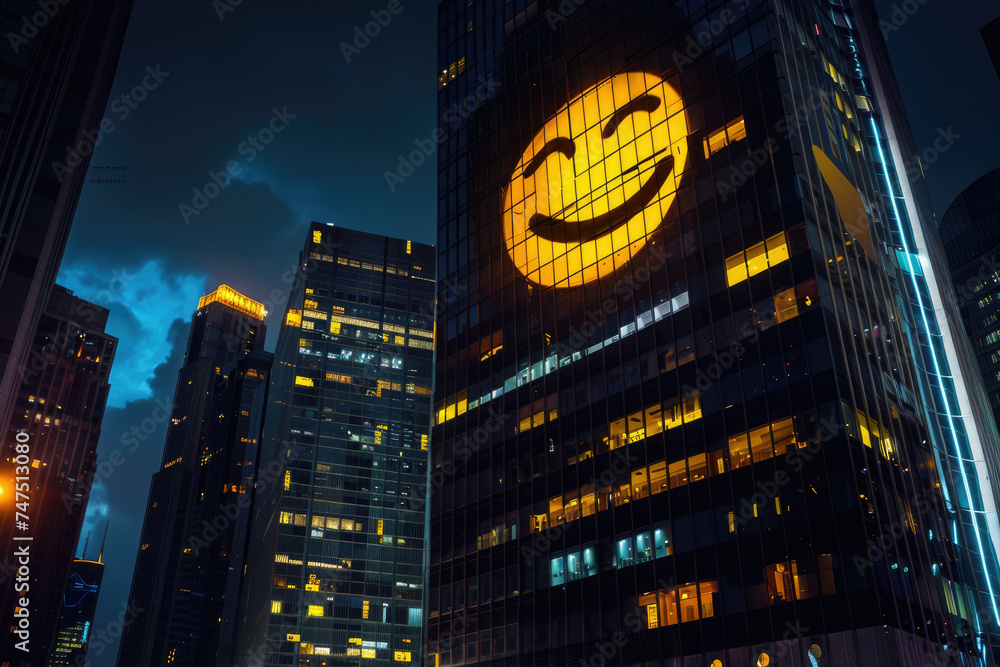 Smiley face on city skyscraper at night - A digital smiley face ...