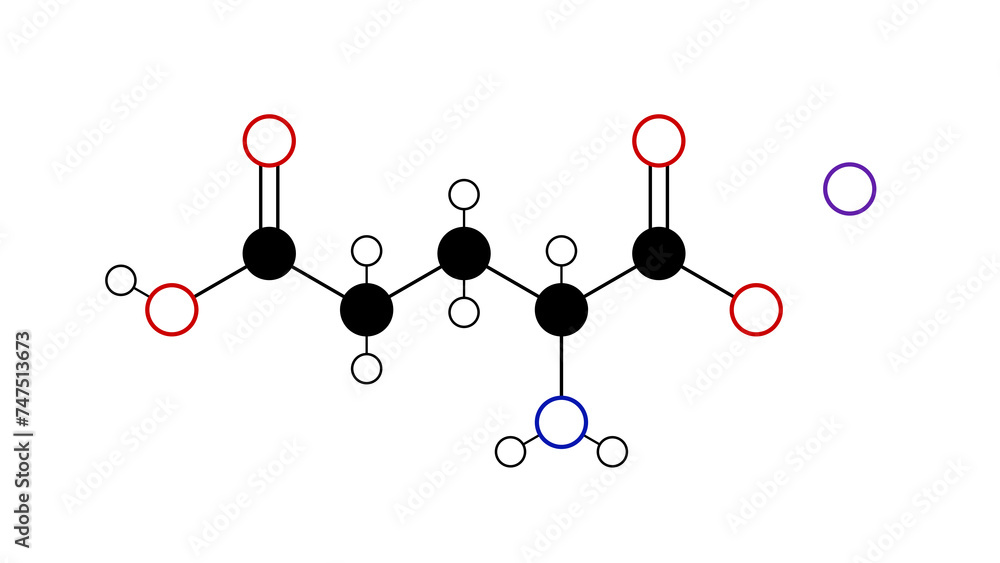 monosodium glutamate molecule, structural chemical formula, ball-and ...