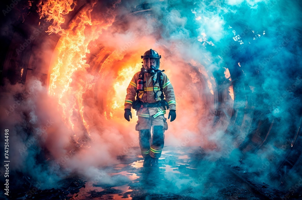 Firefighter walking through fire and smoke. Fire department, emergency ...