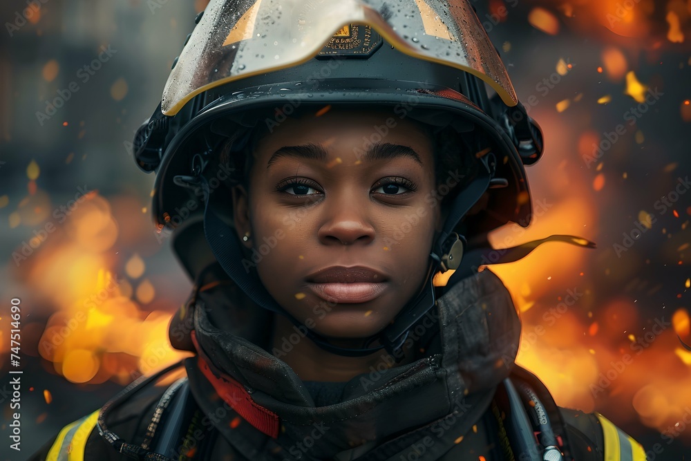 Foto de Woman firefighter on fire background. African american female ...