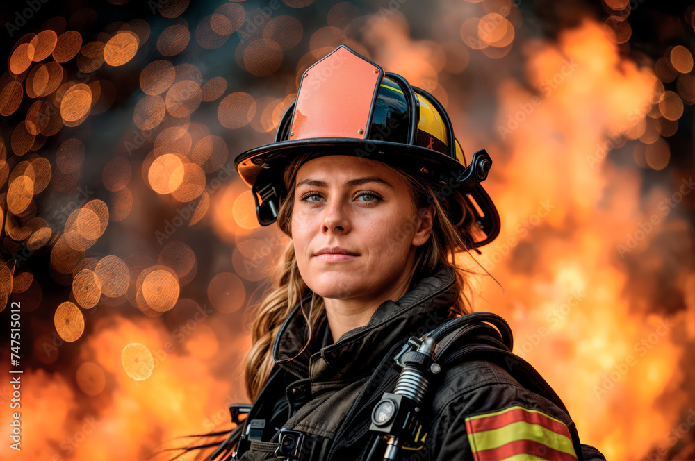 Female firefighter gear against fire background. Confident woman. Fire ...