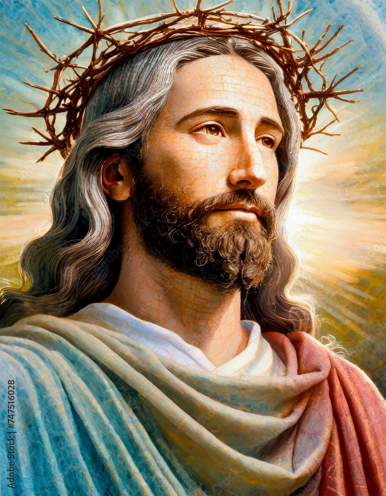 Serene image of Jesus with a relaxed facial expression and a gaze lost ...