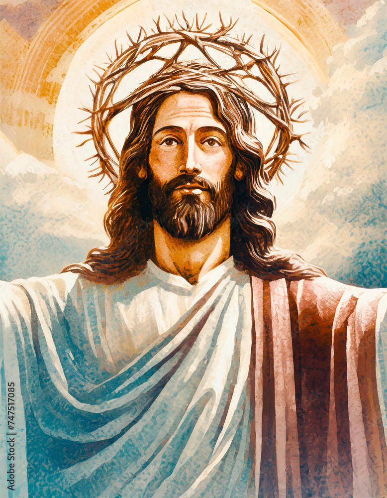 Serene image of Jesus with a relaxed facial expression and a gaze lost ...