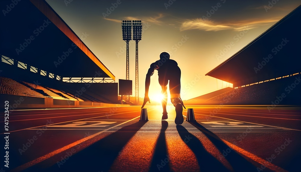 This image depicts a silhouette of a sprinter crouched in the starting ...