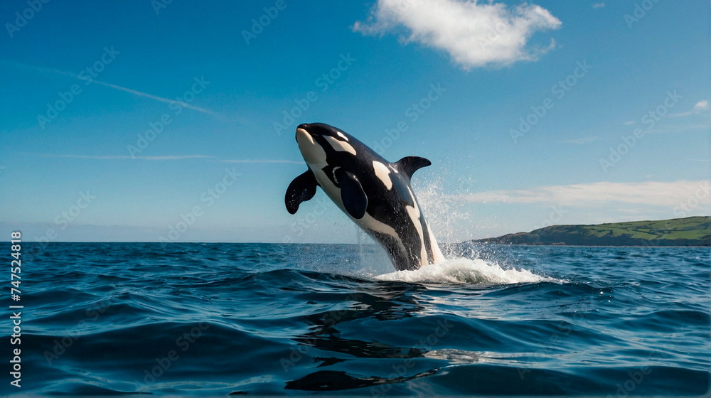 Orca wales jumping out of sea surface. World Oceans Day Save ...