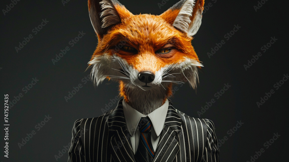 A charismatic fox wearing a pinstripe suit standing upright with a sly ...