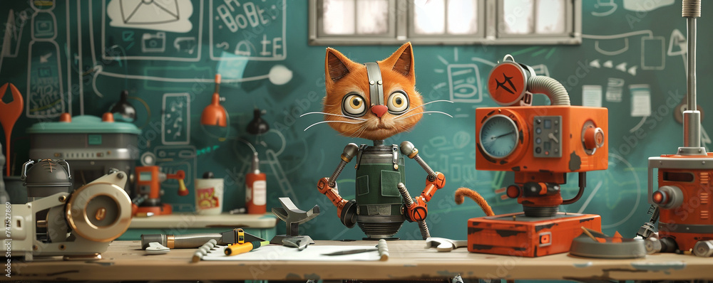 A whimsical scene of a tech savvy cat with a tool belt fixing robots ...