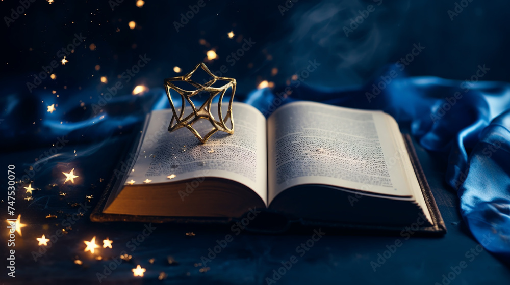 Opened magic book realistic image with bright sparkling light rays ...
