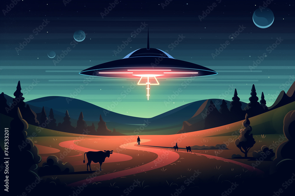 UFO light abducting cow from field. Cartoon alien spaceship kidnap cow ...