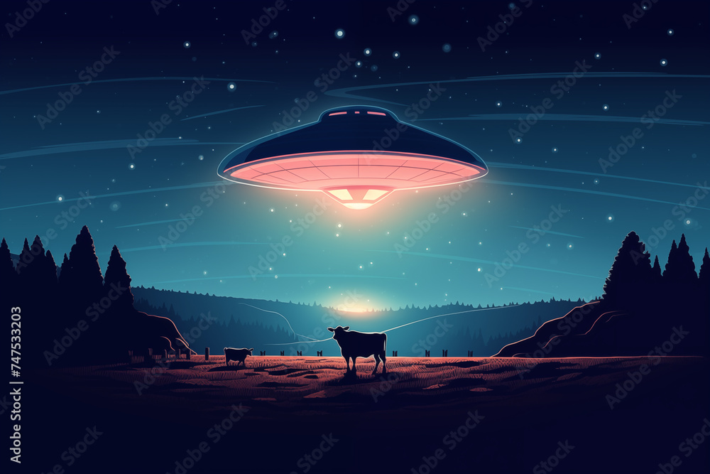 Cartoon UFO light abducting cow. Flying extraterrestrial saucer with ...