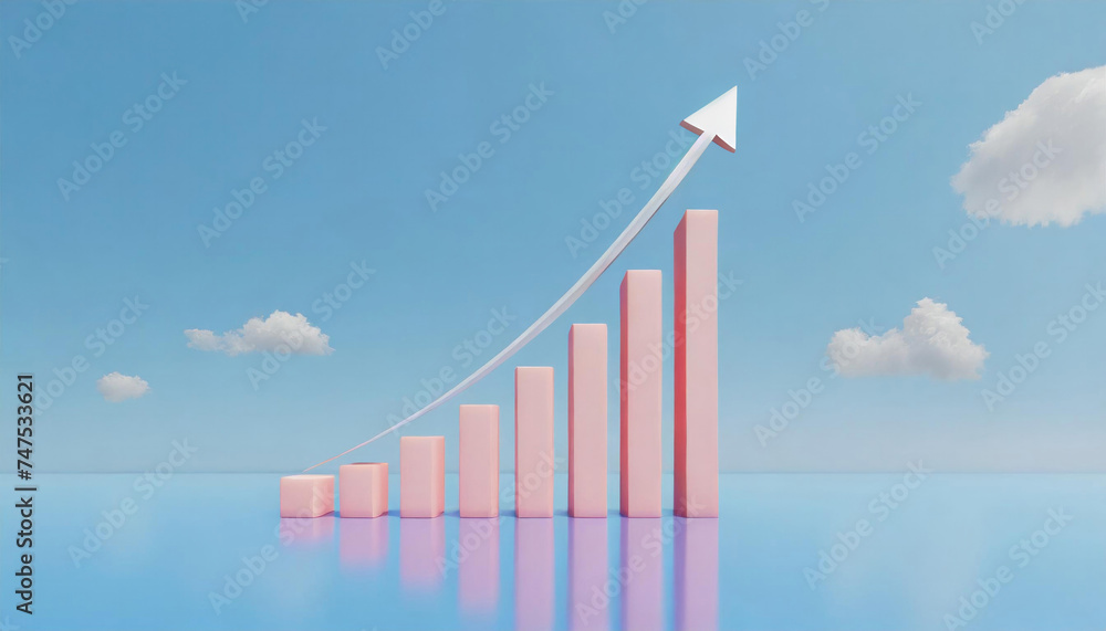Stylized 3D bar graph with rising columns and an upward arrow against a ...