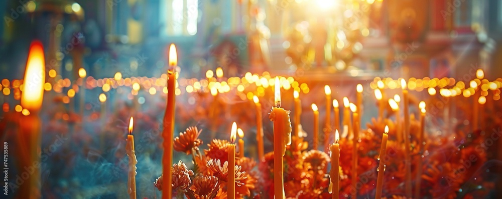 Many burning wax candles in orthodox church or temple for ceremony ...