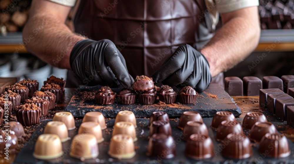 Man chocolatier in an apron and black food gloves making artisan ...