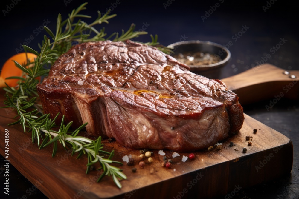 Highly detailed close-up photography of a delicious medium rare ribeye ...