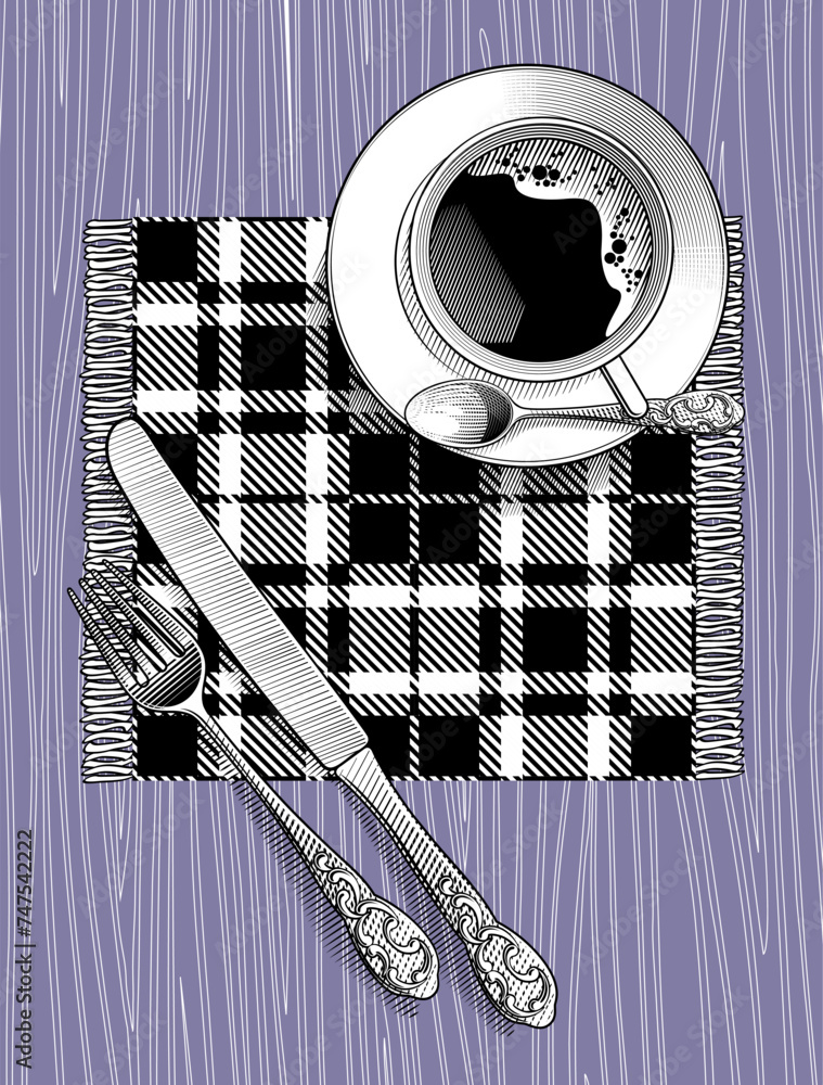 Top view of a cup of coffee on a tissue with a checkered pattern and ...