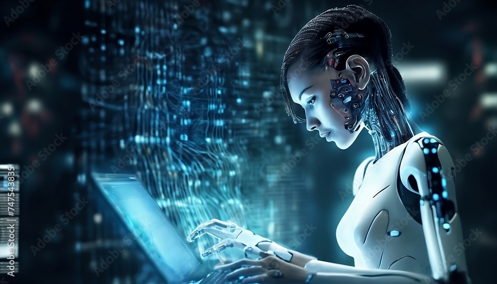 Humanoid female AI futuristic android, cyborg robot, vibrant neon neural network, futuristic ...