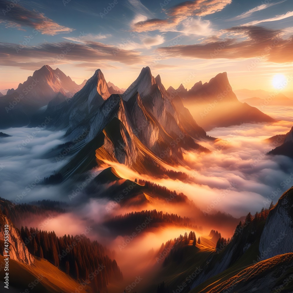 A breathtaking view from the Saentis mountain, capturing the sunset ...