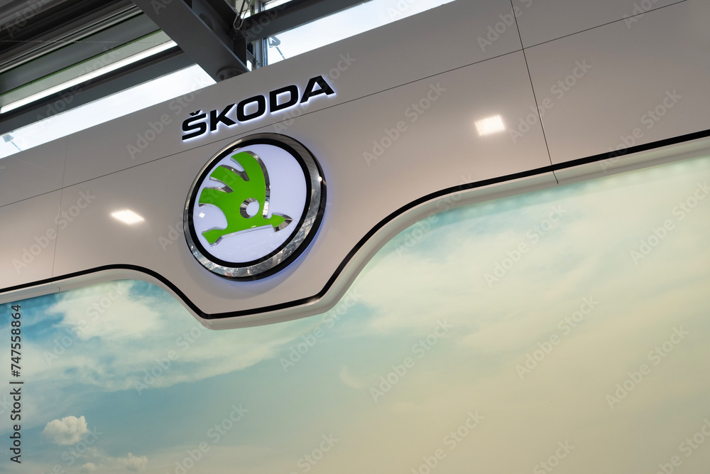 Advertising banners Skoda, car dealership building, Czech automobile ...