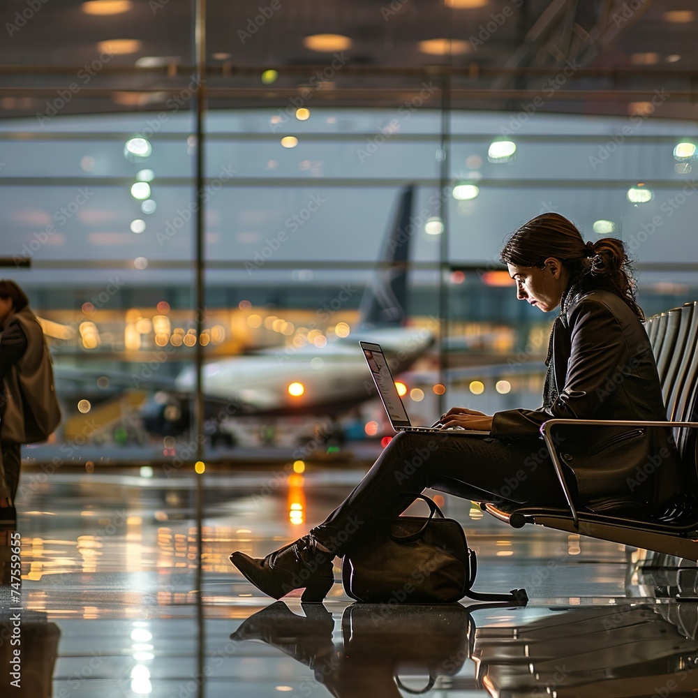 Modern Airport Terminal: Handsome Businesswomen Working on Laptop ...