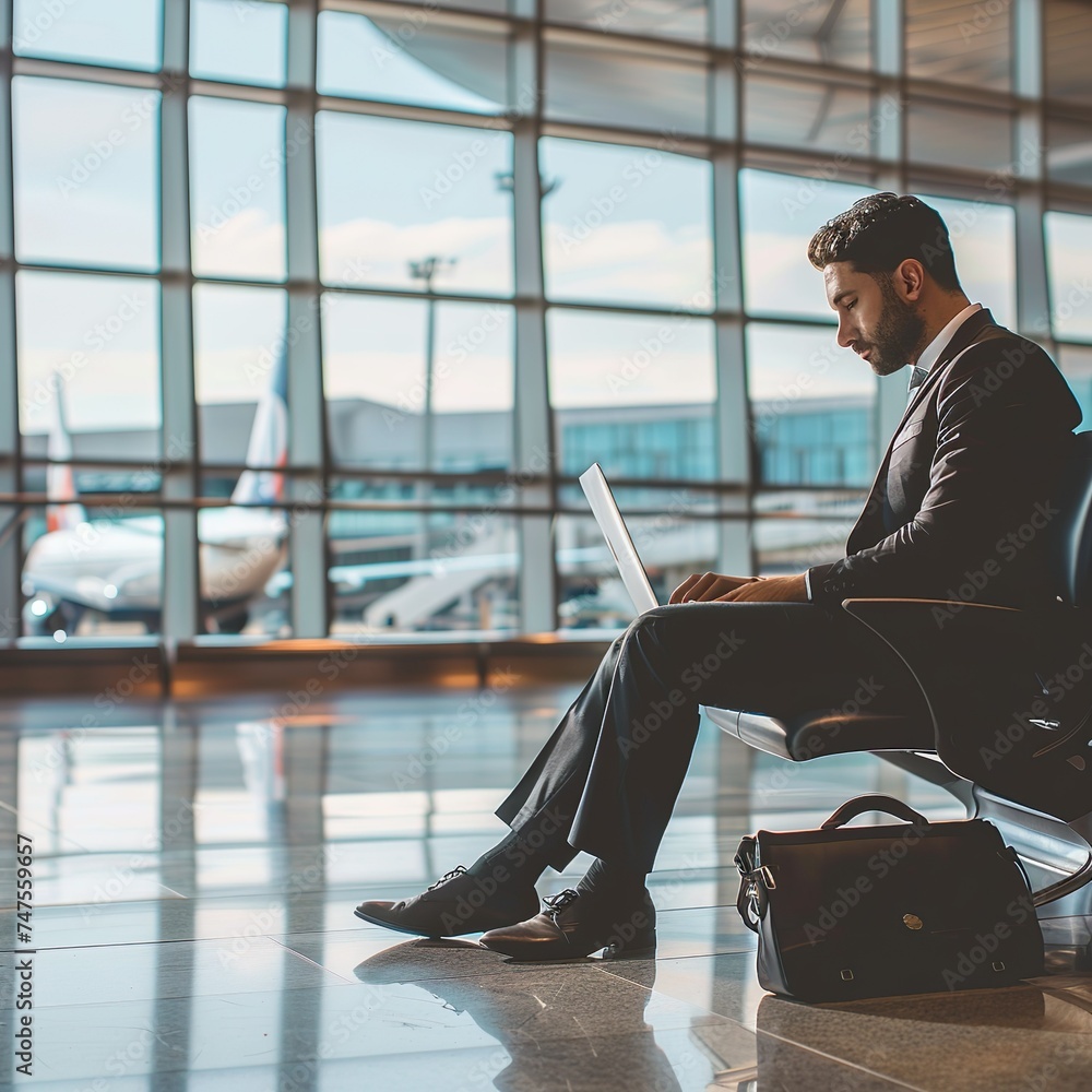 Modern Airport Terminal: Handsome Businessman Working on Laptop ...