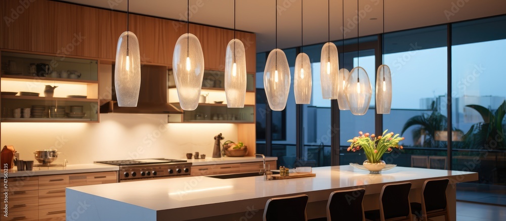 A modern kitchen with numerous lights hanging from the ceiling ...