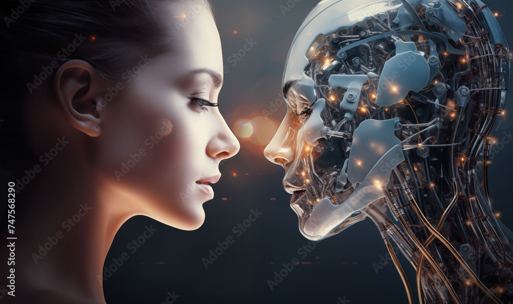 Cybergirl robotic humanoid and beautiful woman side-by-side eye-to-eye ...