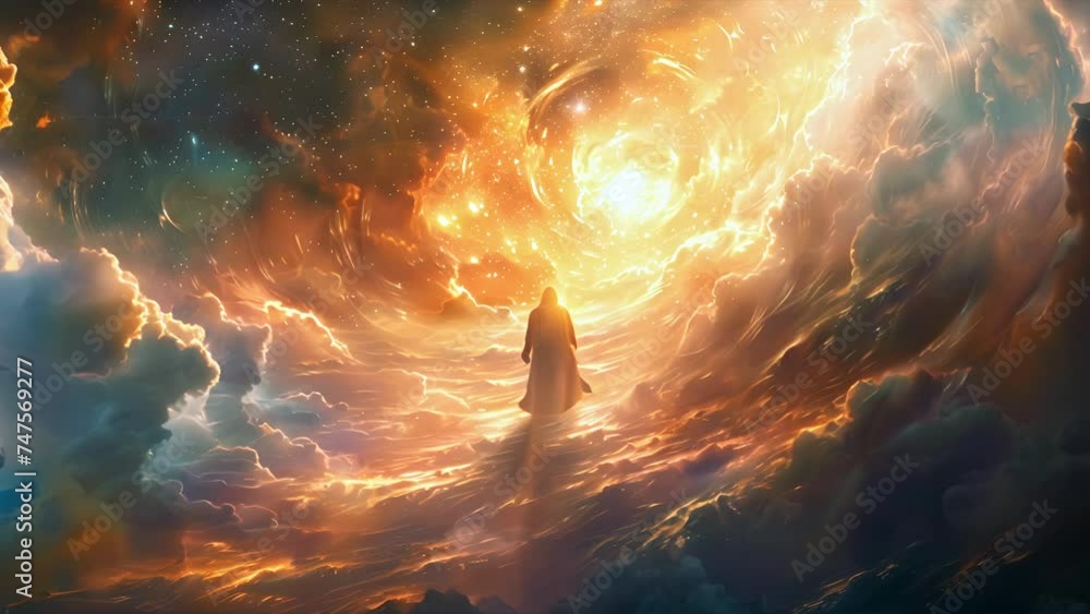 Spirit entering the gates of heaven as a silhouette surrounded by ...