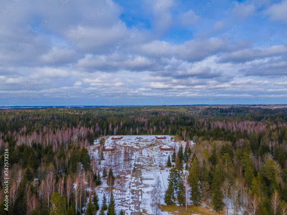 Aerial view of Plokstine missile base - an underground base of the ...