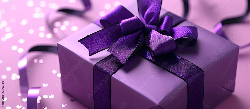 This image features a shiny violet gift box adorned with a purple bow ...