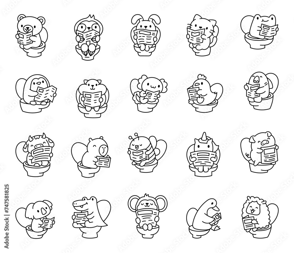 Vetor de Cute animal pooping on toilet and read newspaper. Coloring ...