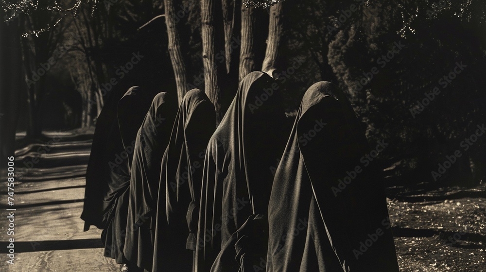 Several ghostly figures in black cloaks in a dark background ...