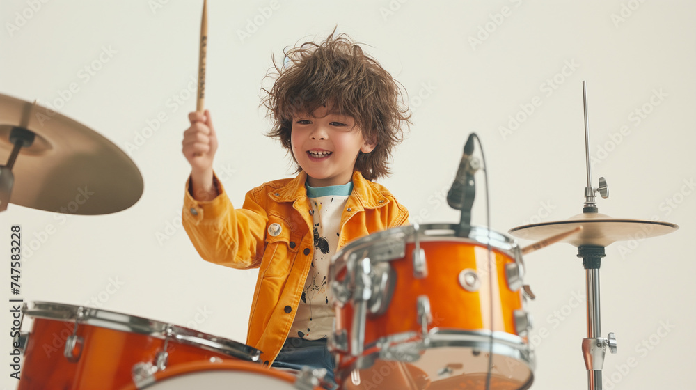 Cute hipster little boy drummer beating drum set devotedly isolated on ...