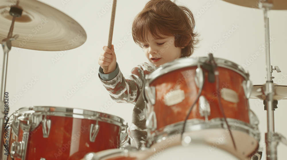 Cute hipster little boy drummer beating drum set devotedly isolated on ...