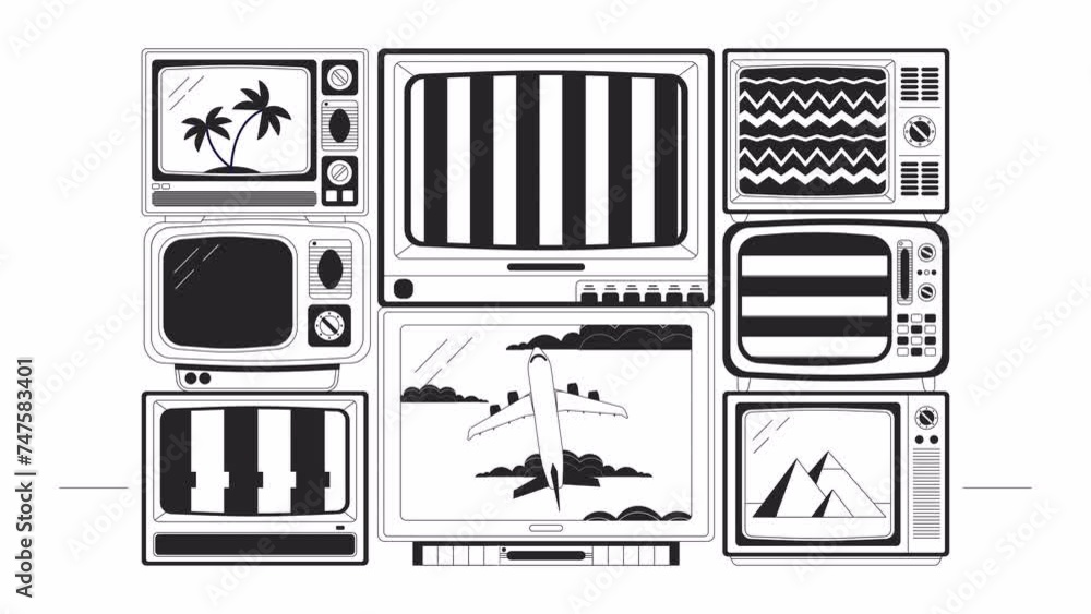Vintage tv stack bw lo fi animated background. Old televisions with ...