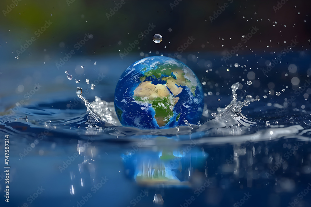 Earth globe with water splash on blue ripple background. World Water ...