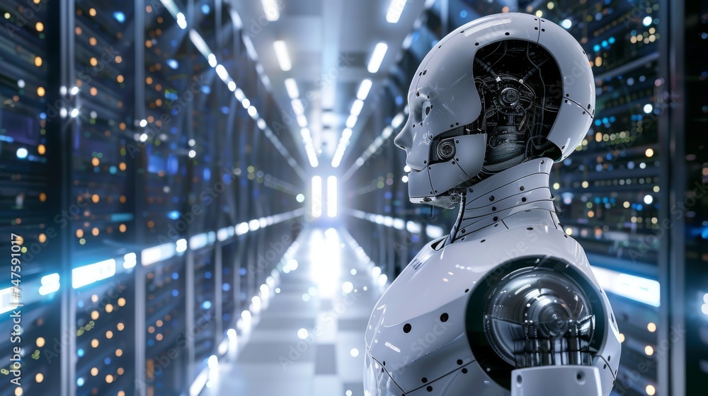 A humanoid robot with a detailed mechanical design stands in a data ...