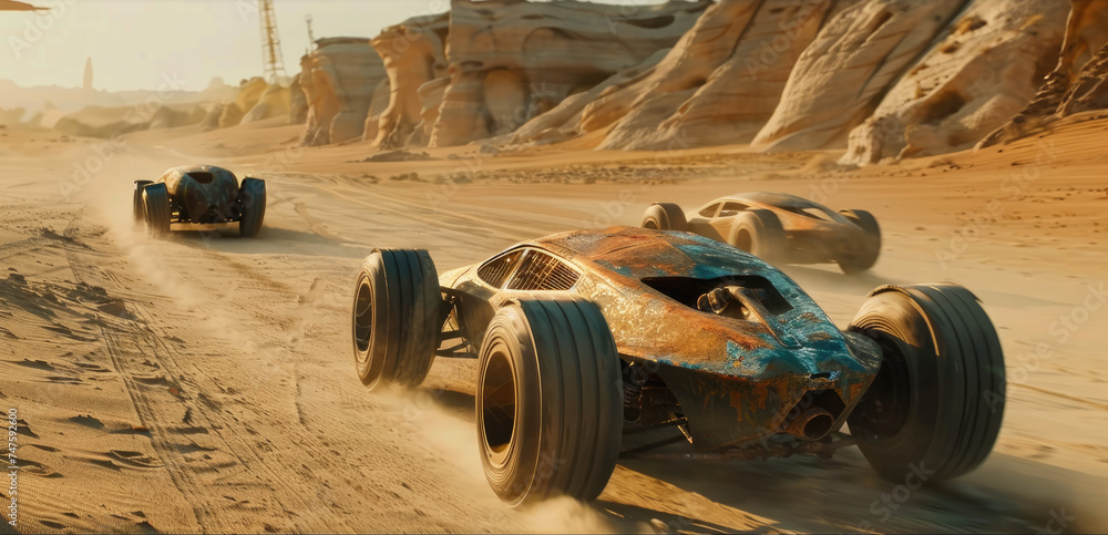 Old cars race at post-apocalyptic times, vintage iron vehicles drive ...