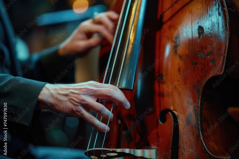 Artist's hand on the strings of a cello, bokeh lights hint at a live ...