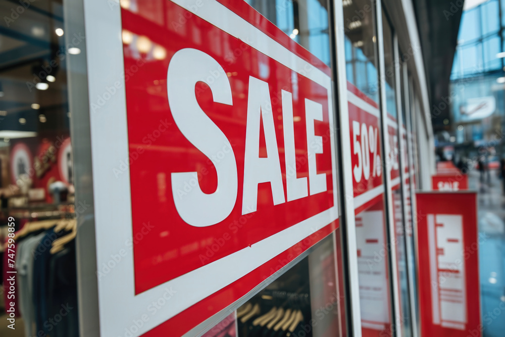 A modern shopfront featuring a striking "SALE" sign in white and red ...
