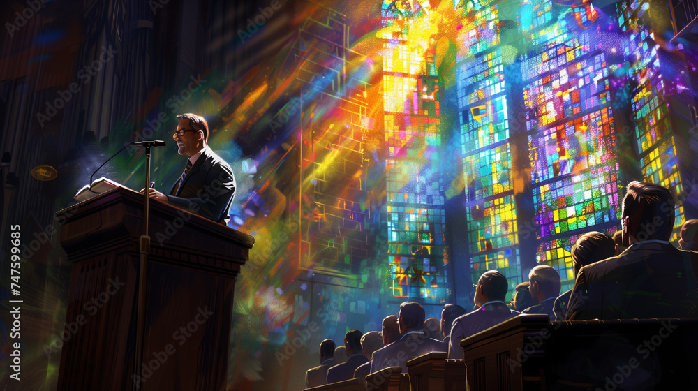 Dynamic Church Sermon Illustration: Preacher at Pulpit with Radiant ...